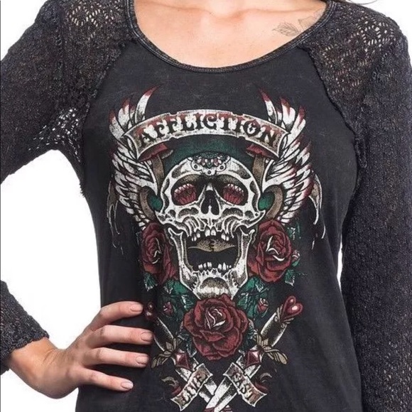 Affliction | Tops | Nwt Affliction Black Long Sleeve Top Sz S Skulls ...